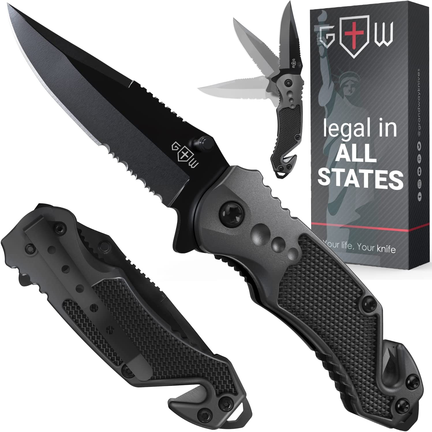 Good Worker 2,95” Folding Knife with Glass Breaker and Seatbelt Cutter ...
